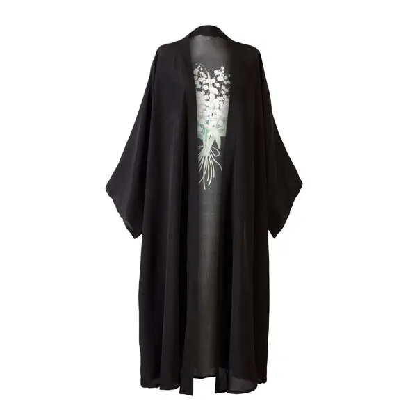 SILK&SOUL Black / Green Lily Of The Valley Silk Robe - Black/green