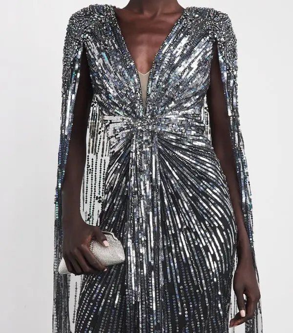 Jenny Packham Embellished Cape Gown - Metallic