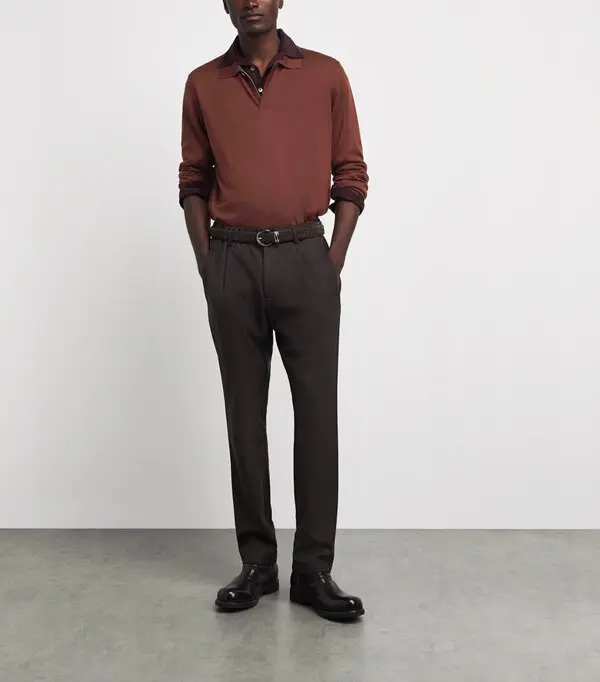 BRETT JOHNSON Cashmere-silk Long-sleeve Polo Shirt