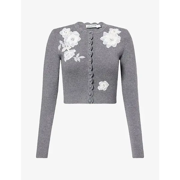 SELF-PORTRAIT Lace Flower Wool-blend Cardigan - Grey
