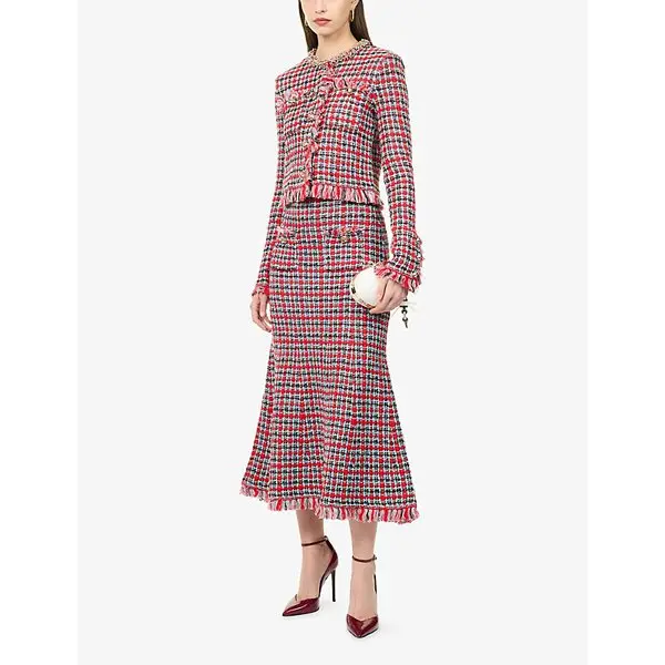 SELF-PORTRAIT Checked Cotton-knit Midi Skirt