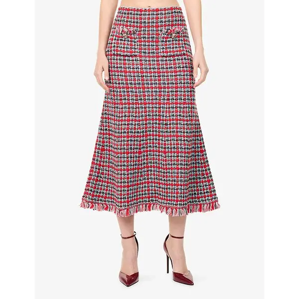 SELF-PORTRAIT Checked Cotton-knit Midi Skirt