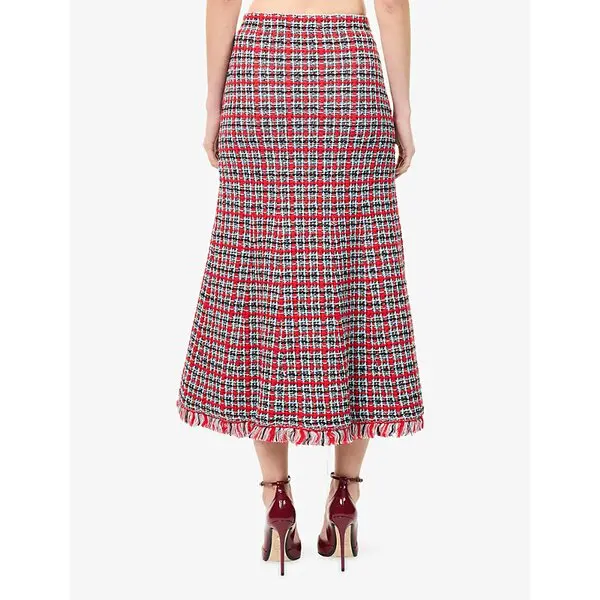 SELF-PORTRAIT Checked Cotton-knit Midi Skirt