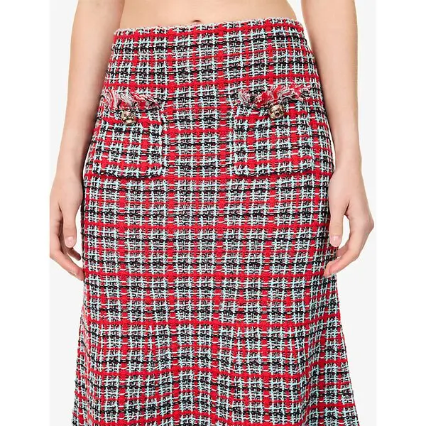 SELF-PORTRAIT Checked Cotton-knit Midi Skirt
