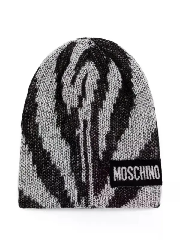 Moschino Logo-patch Zebra-pattern Beanie Hat - Grey