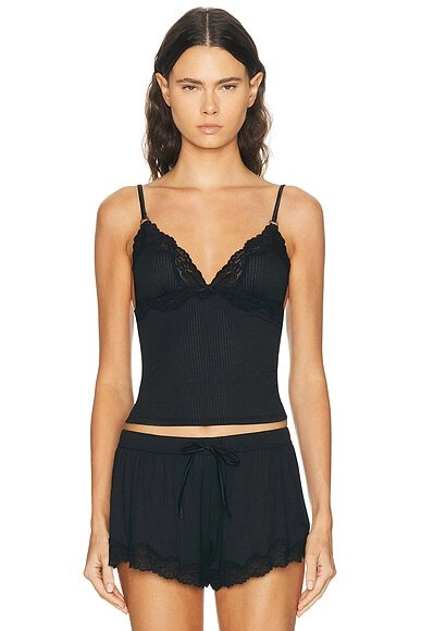 FLEUR DU MAL Butter Rib Cami Top With Lace Trim - Black