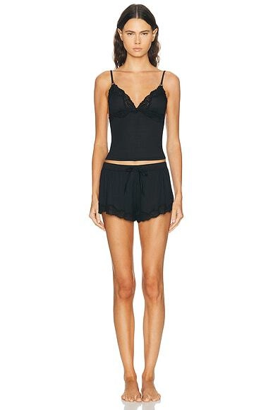 FLEUR DU MAL Butter Rib Cami Top With Lace Trim - Black