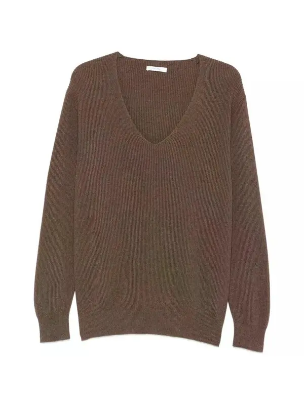 THE ROW V-neck Rib Knit Long Sleeve Pullover - Brown
