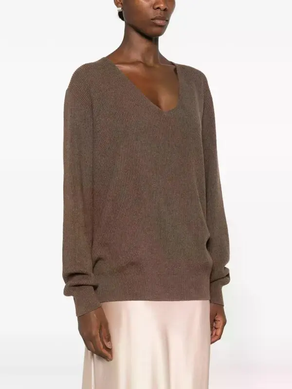 THE ROW V-neck Rib Knit Long Sleeve Pullover