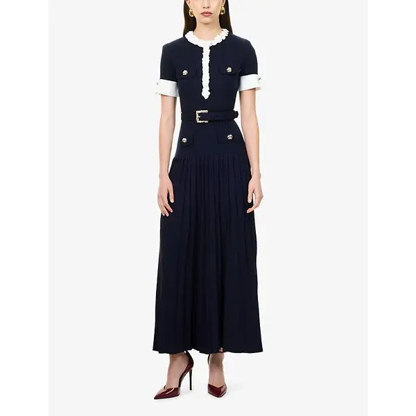 SELF-PORTRAIT Floral-trim Ribbed-knit Midi Dress
