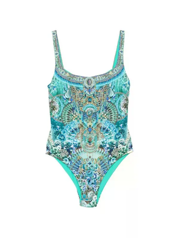 Camilla Embellished Graphic-print Swimsuit - Blue