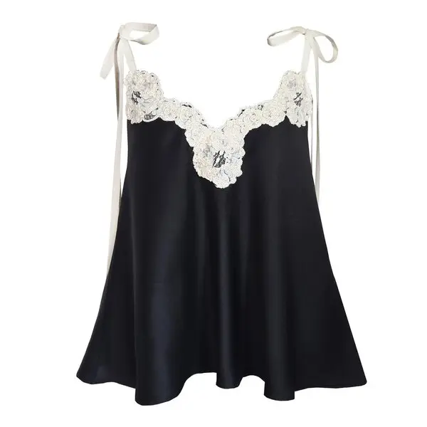 LANGNER Lace Trimmed Silk Cady Satin Top