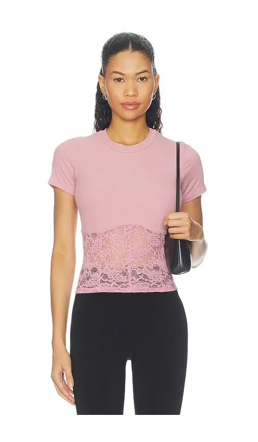 Michael Lauren Ember Rib Lace Short Sleeve Tee In . Also - Rose