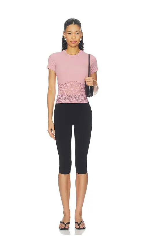 Michael Lauren Rib Lace Short Sleeve Tee - Rose
