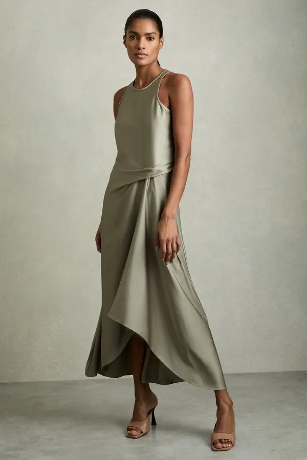 REISS Satin Drape Tuck Midi Dress
