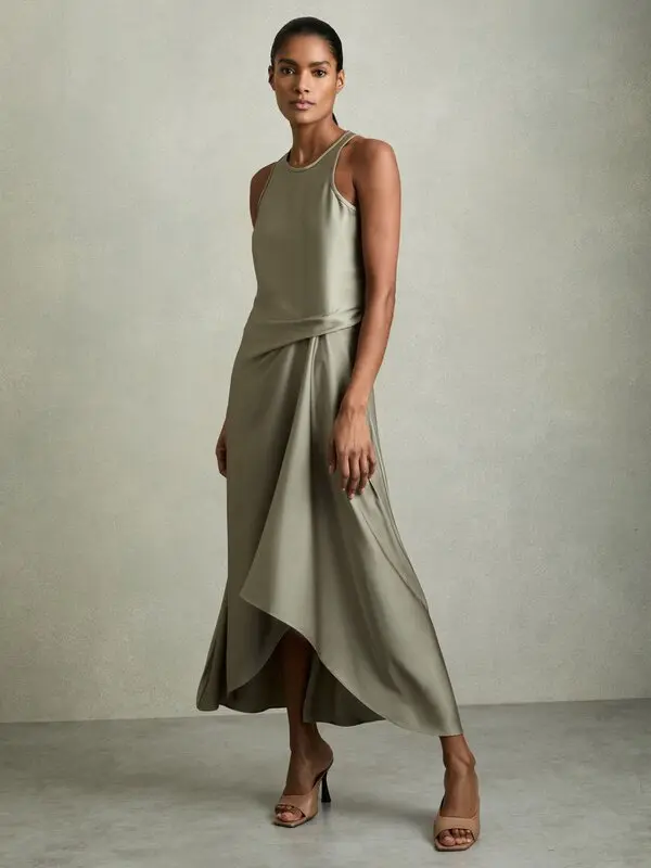 REISS Satin Drape Tuck Midi Dress