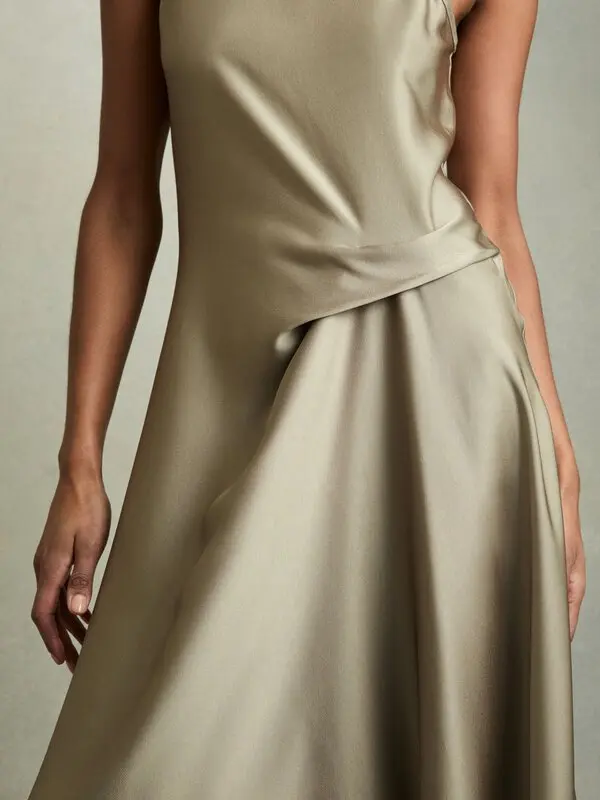 REISS Satin Drape Tuck Midi Dress