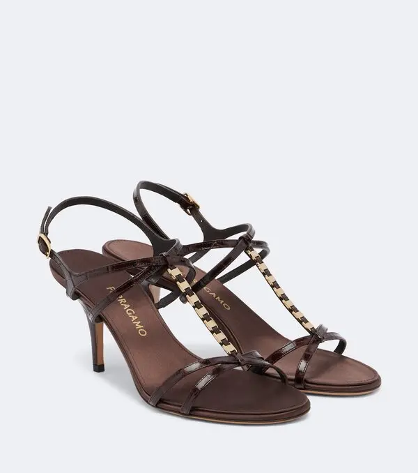 FERRAGAMO Tiane Croc-effect Embellished Leather Sandals - Brown