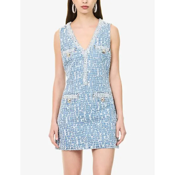 SELF-PORTRAIT Bead-embellished Mosaic Denim Mini Dress