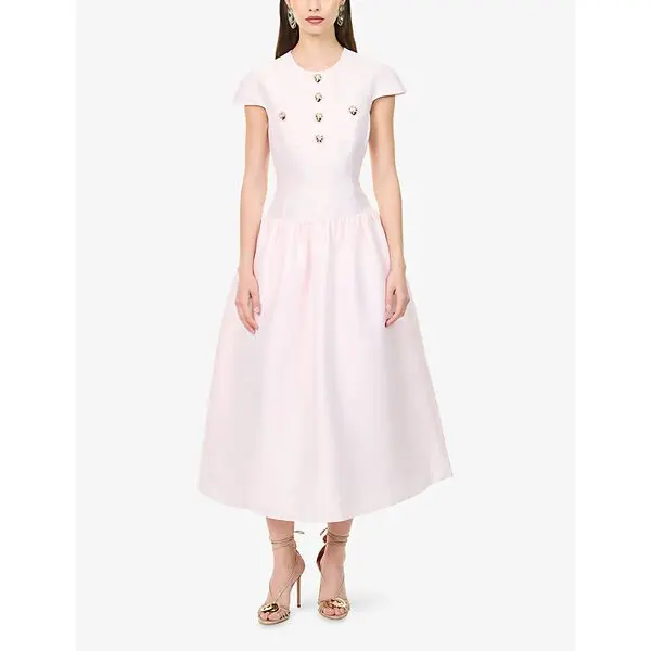 SELF-PORTRAIT Buttoned Short-sleeve Taffeta Midi Dress