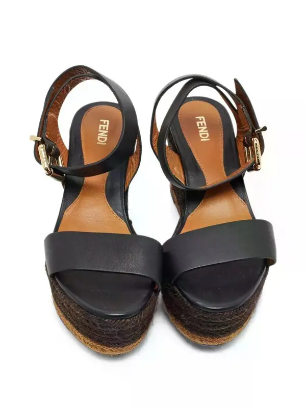 Fendi Leather Wedge Espadrilles With Ankle Strap And Gold-tone Hardware