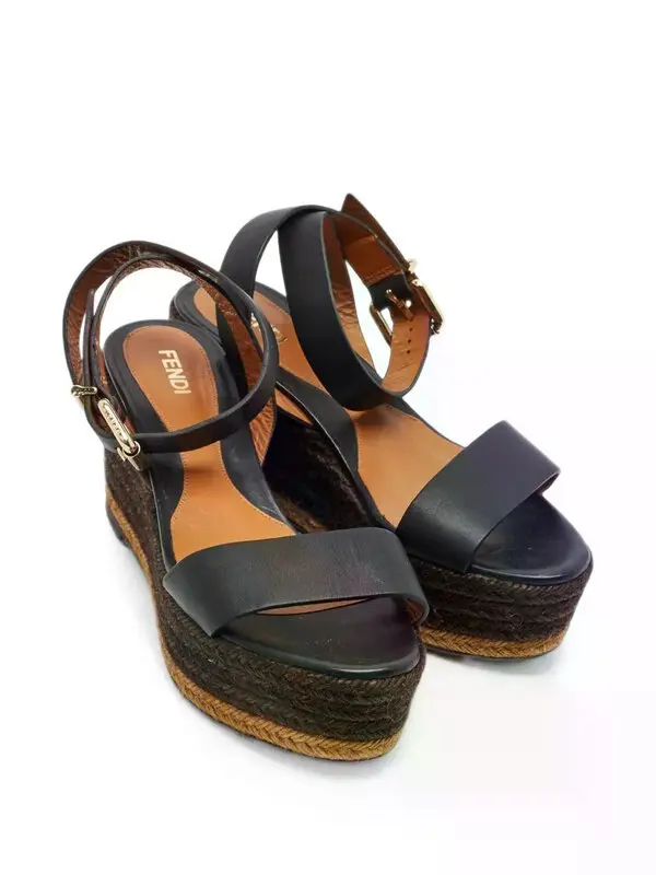 Fendi Leather Wedge Espadrilles With Ankle Strap And Gold-tone Hardware
