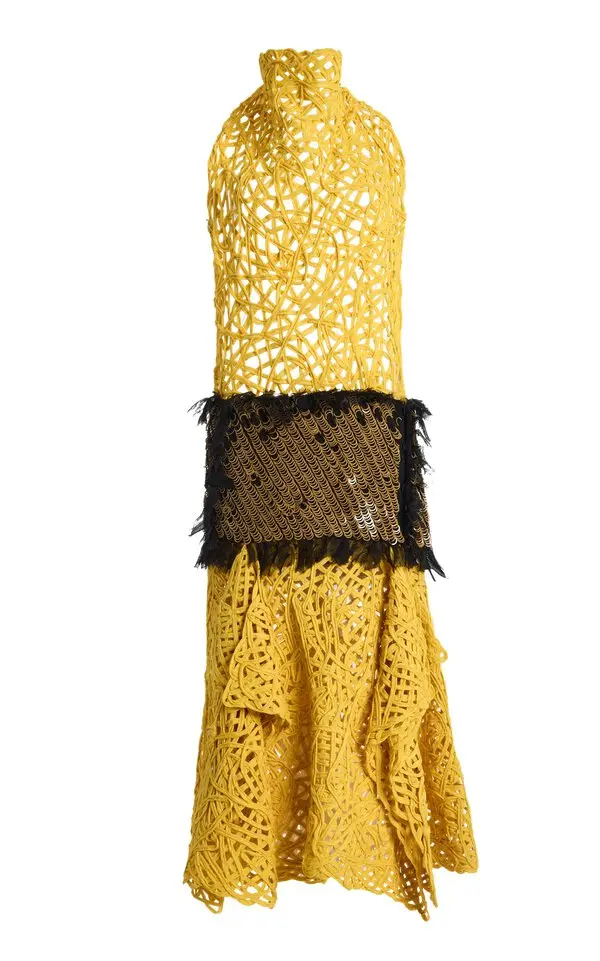 DIOTIMA Exclusive Embroidered Midi Halter Dress - Yellow