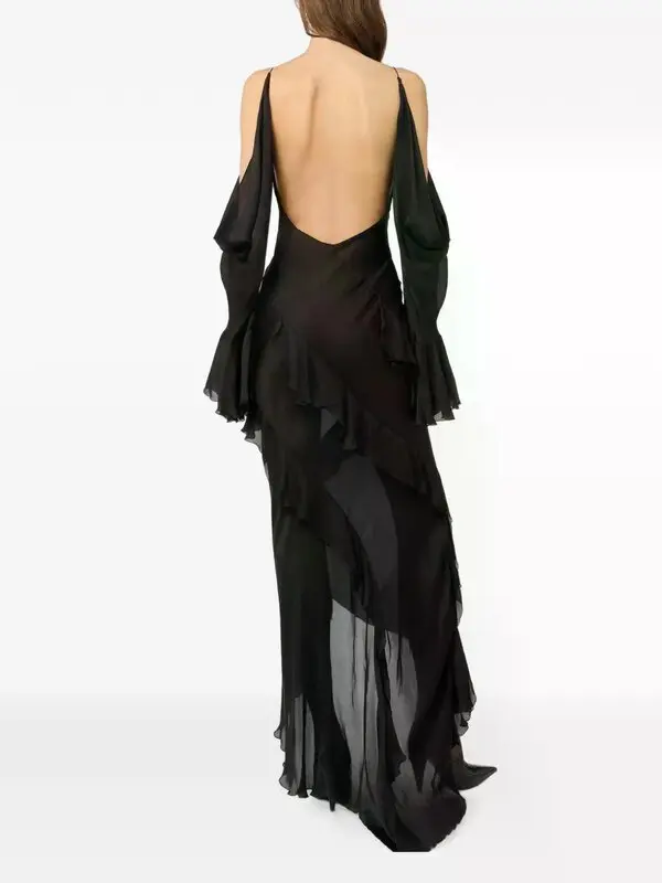 Roberto Cavalli Ruffled Cold-shoulder Gown