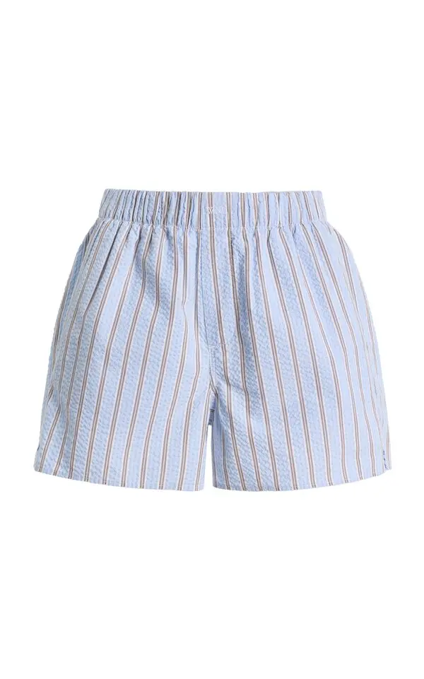 WITH NOTHING UNDERNEATH Boxer Striped Cotton Seersucker Shorts - Blue