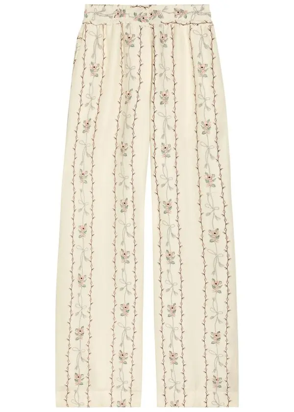 Agua Bendita Tota Floral-embroidered Wide-leg Linen Trousers - Multicoloured