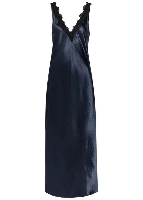 Maria Mcmanus Lace Trimmed Satin Midi Dress - Navy
