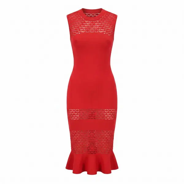 MODENAIRE Sleeveless Knit Midi Dress With Mesh Detail - Red