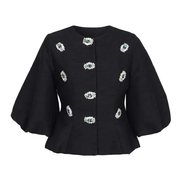 MODENAIRE Embellished Puff Sleeve Textured Jacket