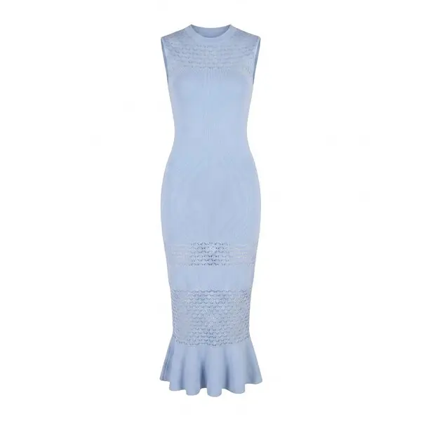 MODENAIRE Sleeveless Knit Dress With Mesh Detail And Flared Hem - Blue