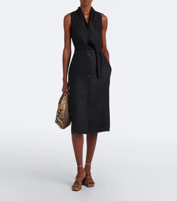 Max Mara Belted Linen And Silk Midi Dress