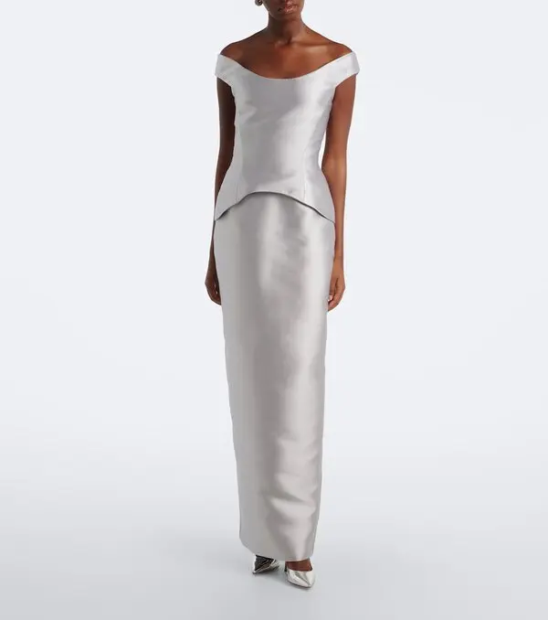 Solace London Pieta Off-shoulder Peplum Satin Gown