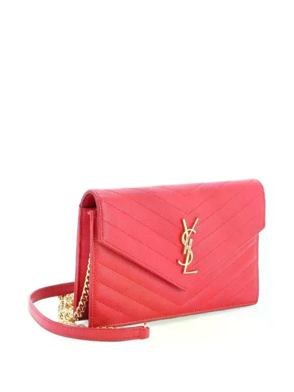 Saint Laurent Classic Monogram Wallet On Chain Matelasse Chevron Leather Small Crossbody Bag - Red