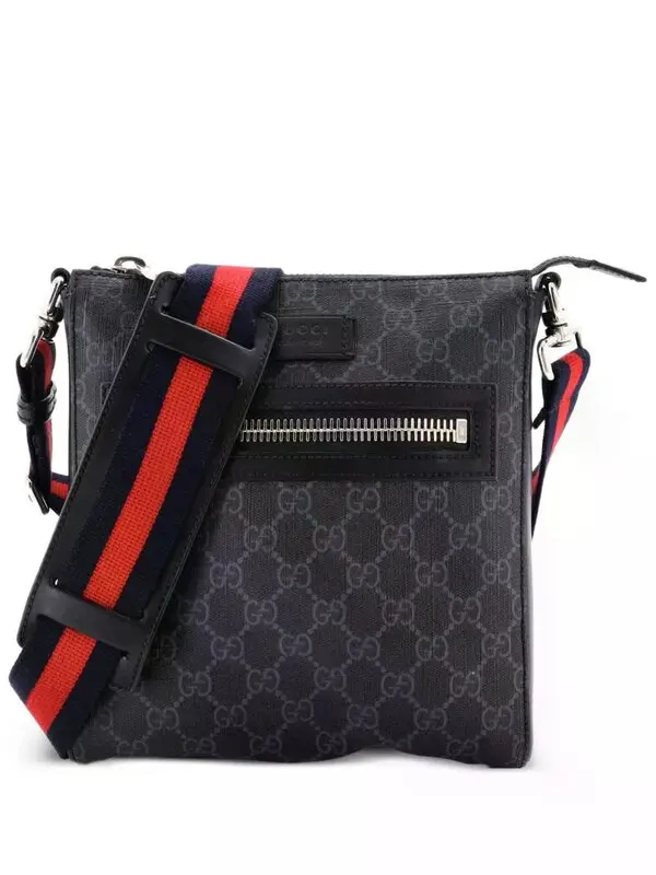 Gucci Web Strap Front Zip Messenger Bag Gg Coated Canvas