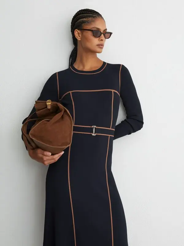 REISS Colour-block Knitted Midi Dress - Navy/camel