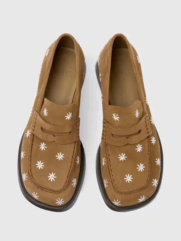 Camper Nubuck Loafers With Embroidered Flowers