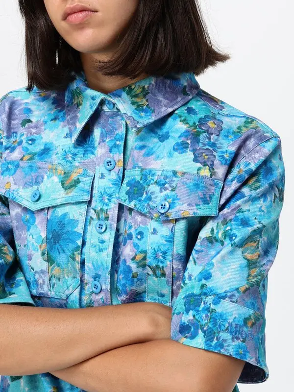 Chloé Floral Stretch Cotton Mini Shirt Dress - Blue