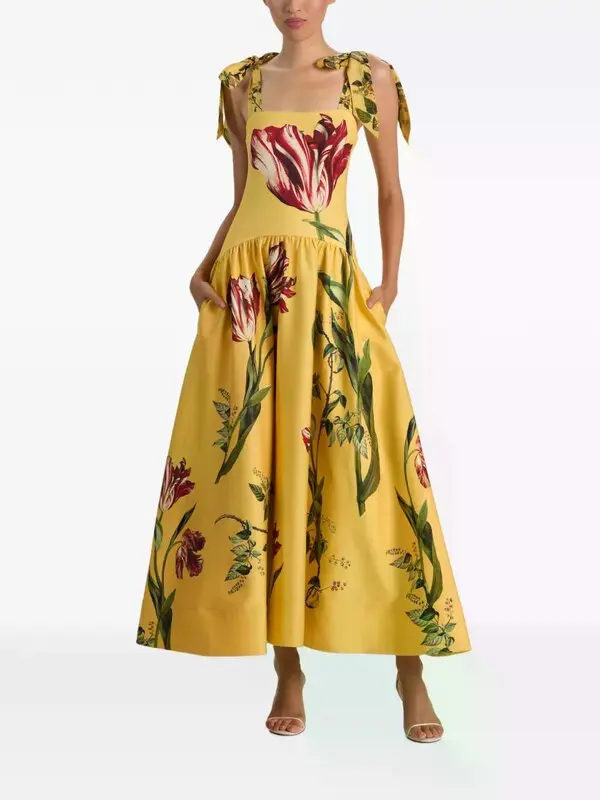 Alice + Olivia Tulip-print Tie-shoulder Maxi Dress - Yellow