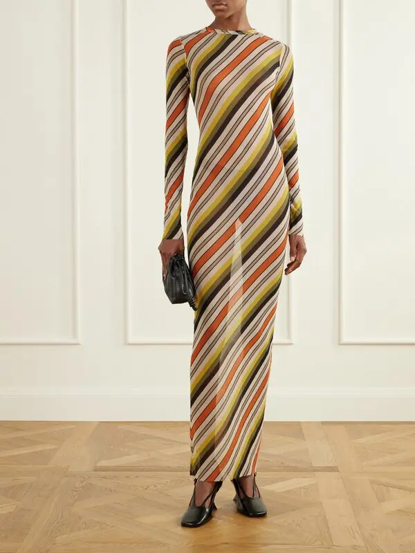 JEAN PAUL GAULTIER Retro Stripe Printed Mesh Maxi Dress