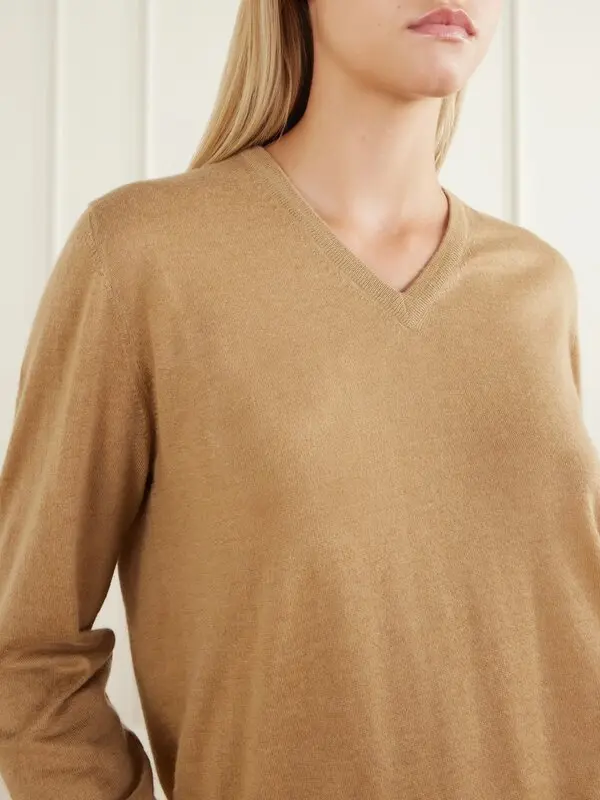 ALLUDE Ribbed-trimmed V-neck Cashmere Sweater