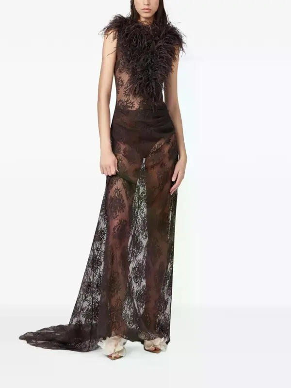 Giuseppe Di Morabito Feather-trim Lace-overlay Maxi Dress