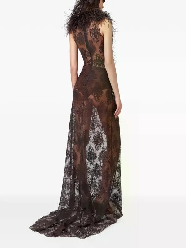 Giuseppe Di Morabito Feather-trim Lace-overlay Maxi Dress