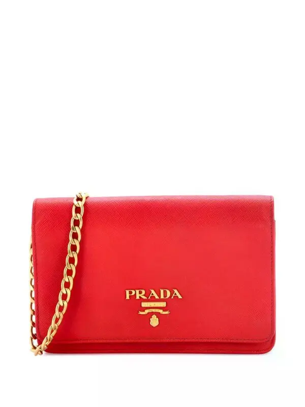 Prada Saffiano Leather Cross Body Wallet Chain Strap - Red