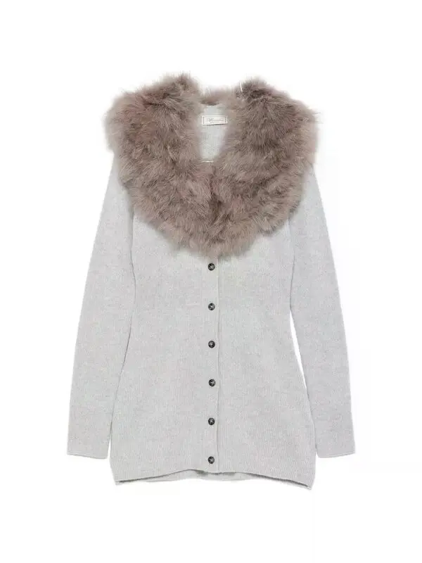Blumarine Faux-fur Collar Ribbed Cardigan - Grey