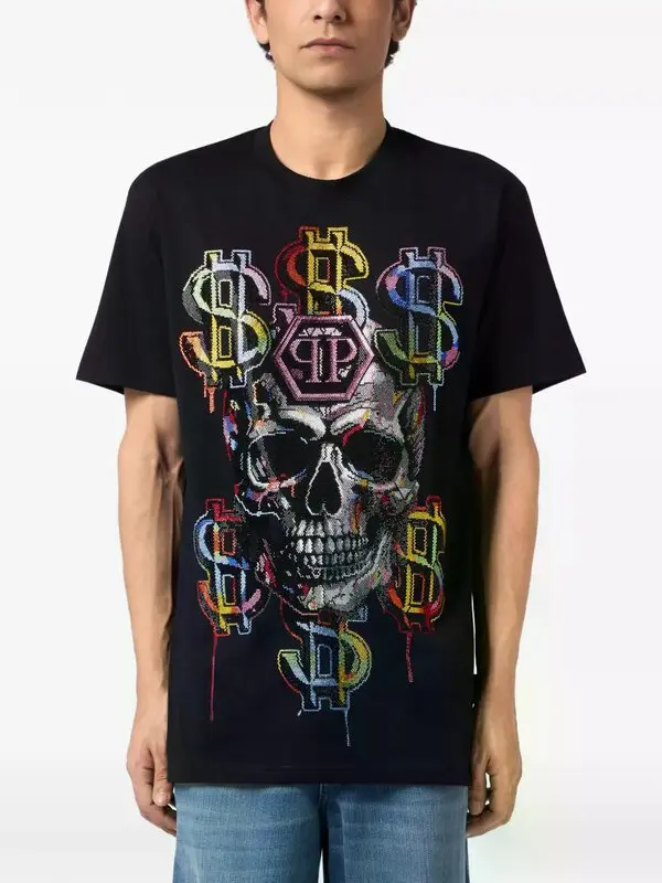 Philipp Plein Round Neck T-shirt Dollar Skull Stones
