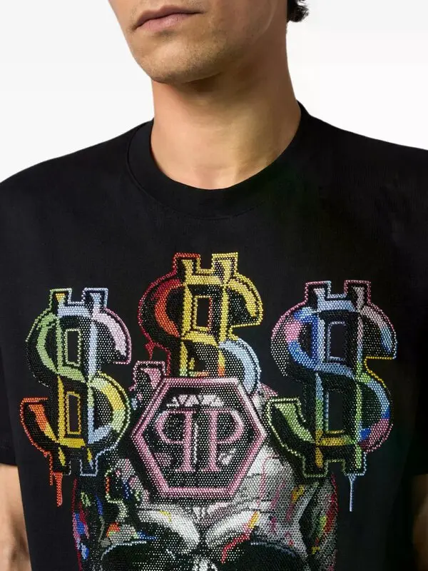 Philipp Plein Round Neck T-shirt Dollar Skull Stones